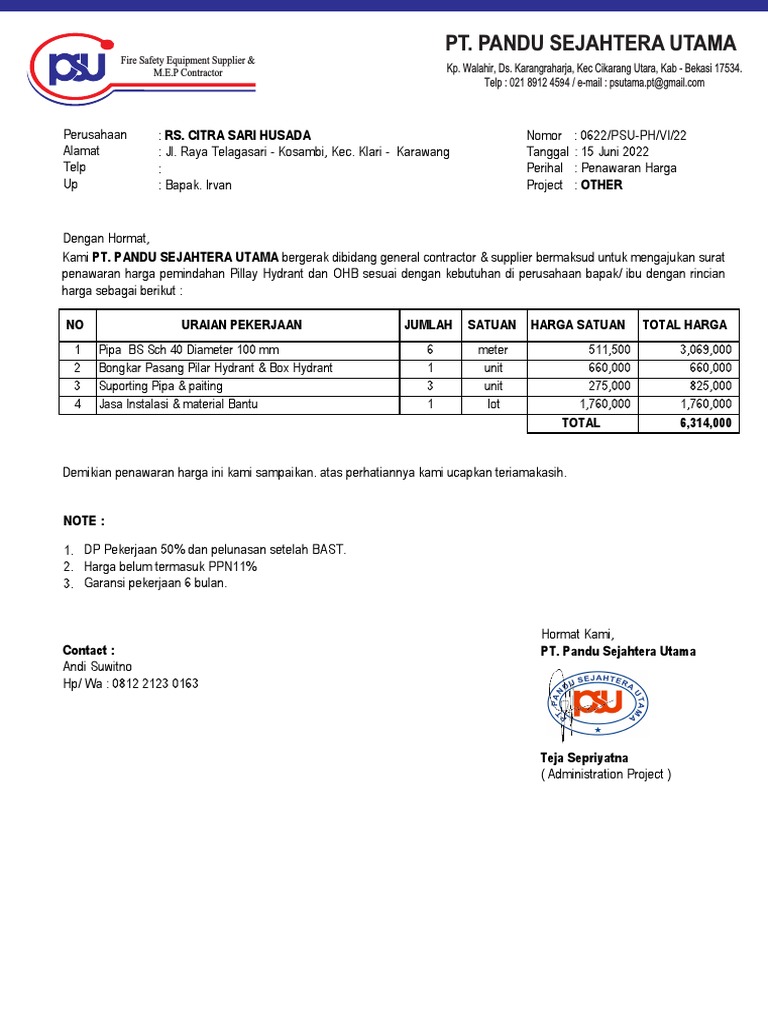 0622 Penawaran Harga Pemindahan Pillar Hydrant Dan Ohb | PDF