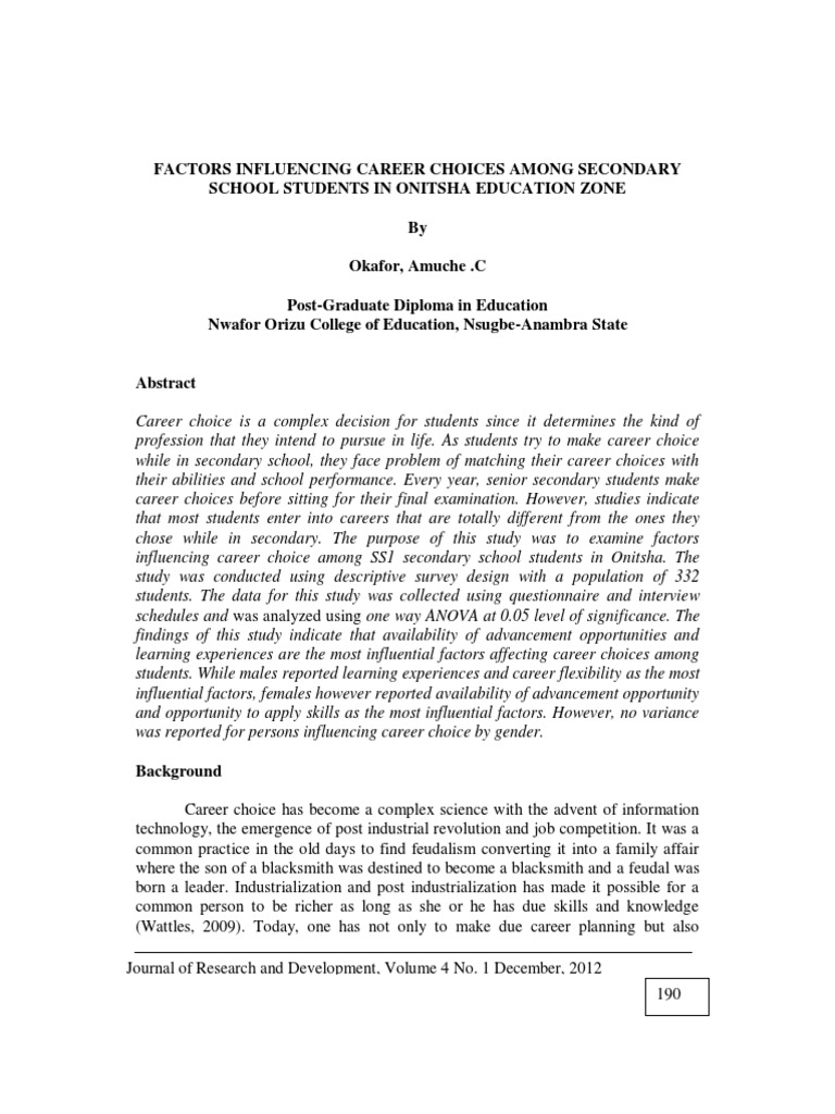 Factors Influencing Career Choices Among Secondary School Students in Onitsha Education Zone ...