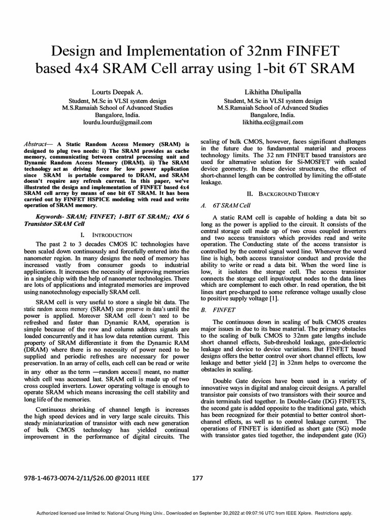 Design and Implementation of 32nm FINFET Based 44 SRAM Cell Array Using ...