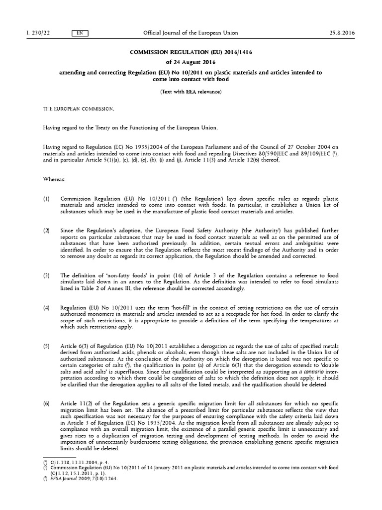 EU Regulation For Plastic Material For Food Contact | PDF | Vegetables ...