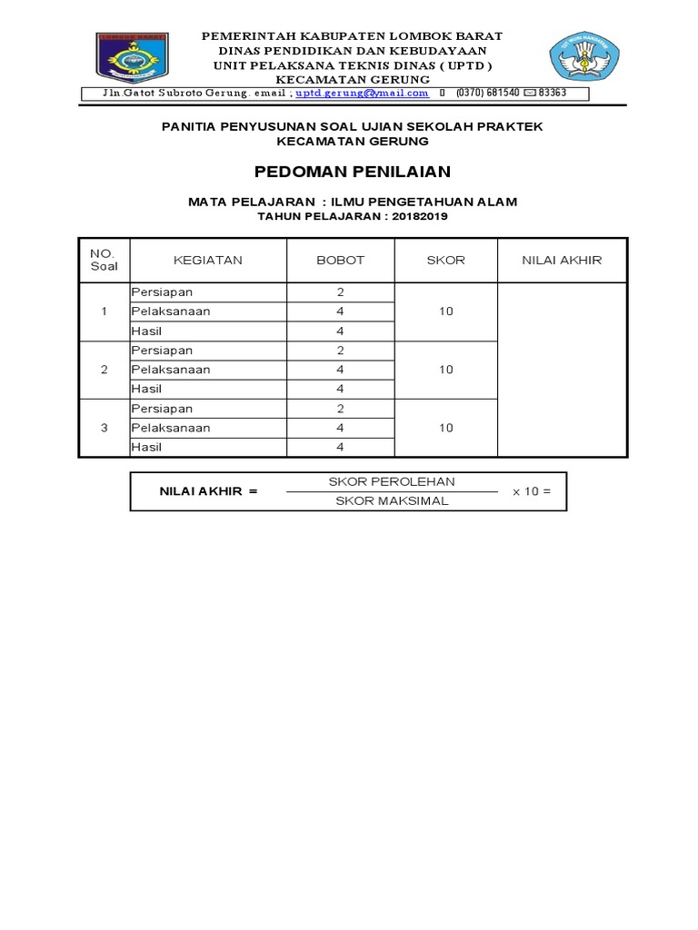 PEDOMAN PENILAIAN, TABEL PENILAIAN, FORMAT PENILAIAN TH 22 | PDF