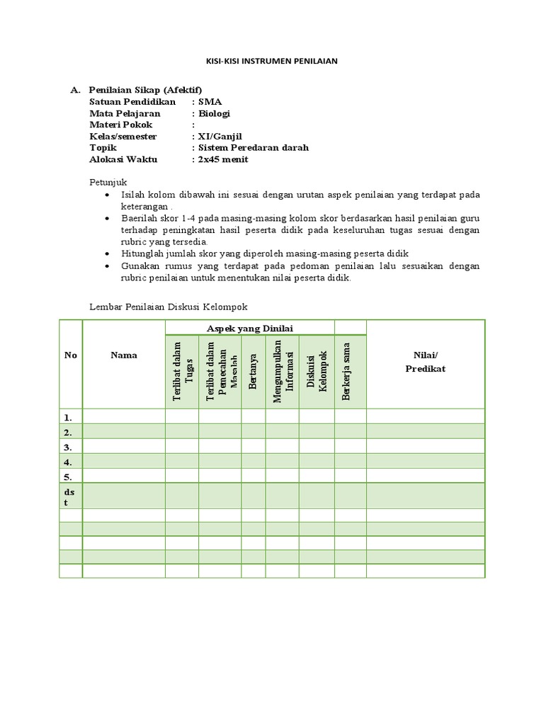 KISI-KISI INSTRUMEN PENILAIAN Pertemuan 1 | PDF