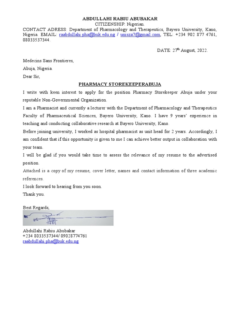 Cover Letter Store Keeper | PDF