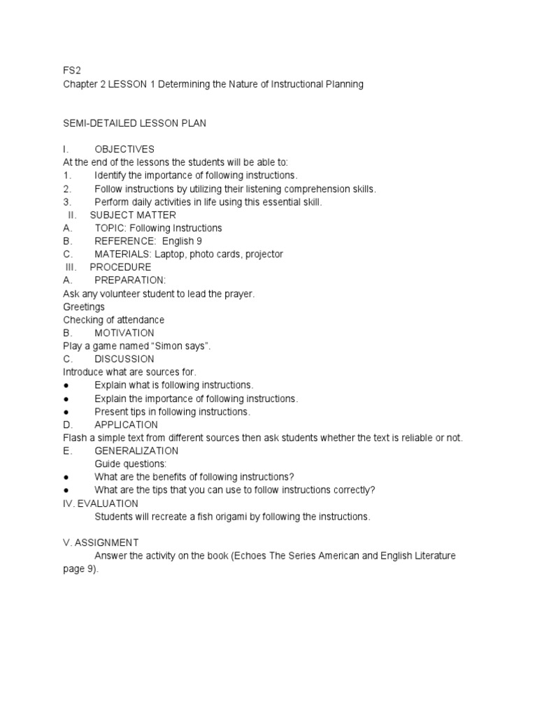 FS2 Chapter 2 LESSON 1 Determining The Nature of Instructional Planning ... FS2 Chapter 2 LESSON 1 Determining The Nature of Instructional Planning ...