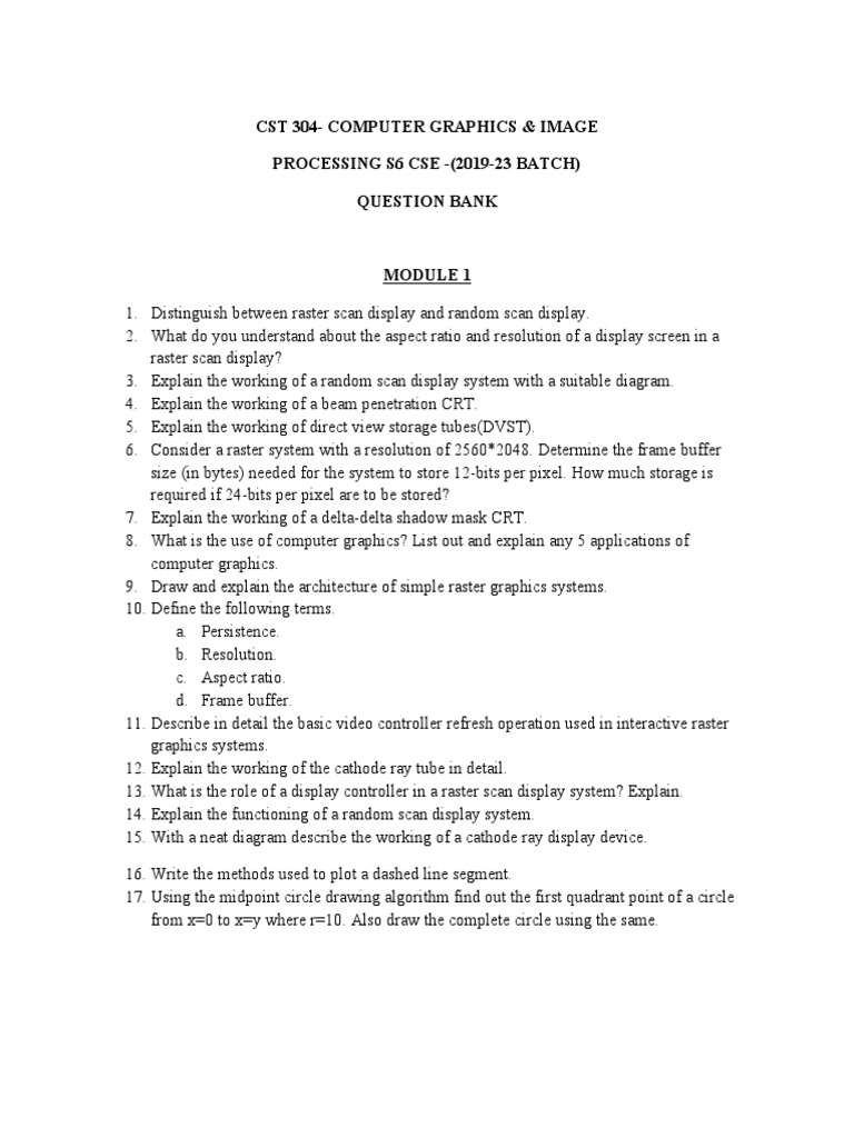 Question Bank - Cgip - CST304 | PDF | 2 D Computer Graphics | Display Resolution