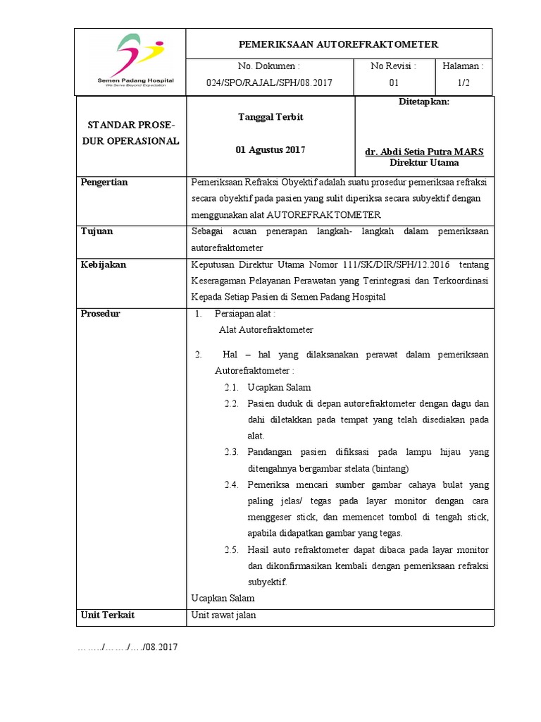 Prosedur Pemeriksaan Autorefraktometer | PDF