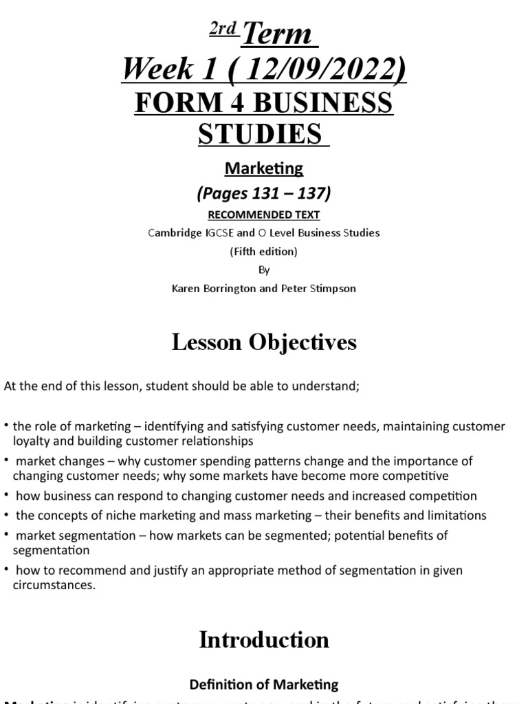 Form 4 Business Marketing Basics | PDF | Marketing | Sales