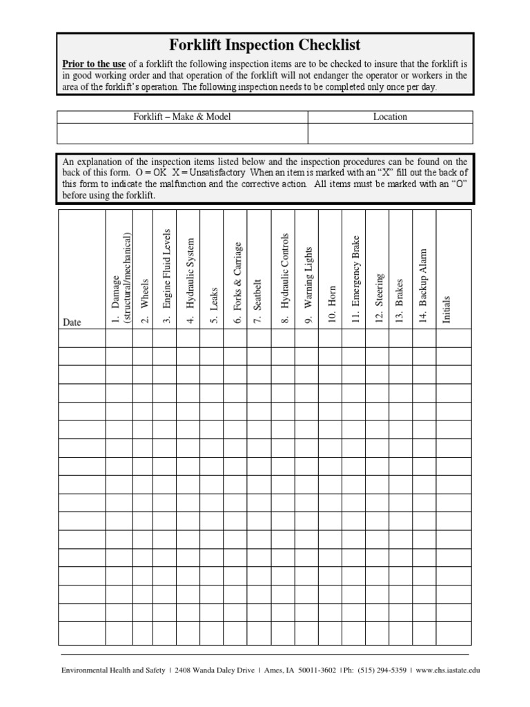 Forklift Inspection Checklist | Download Free PDF | Forklift | Brake