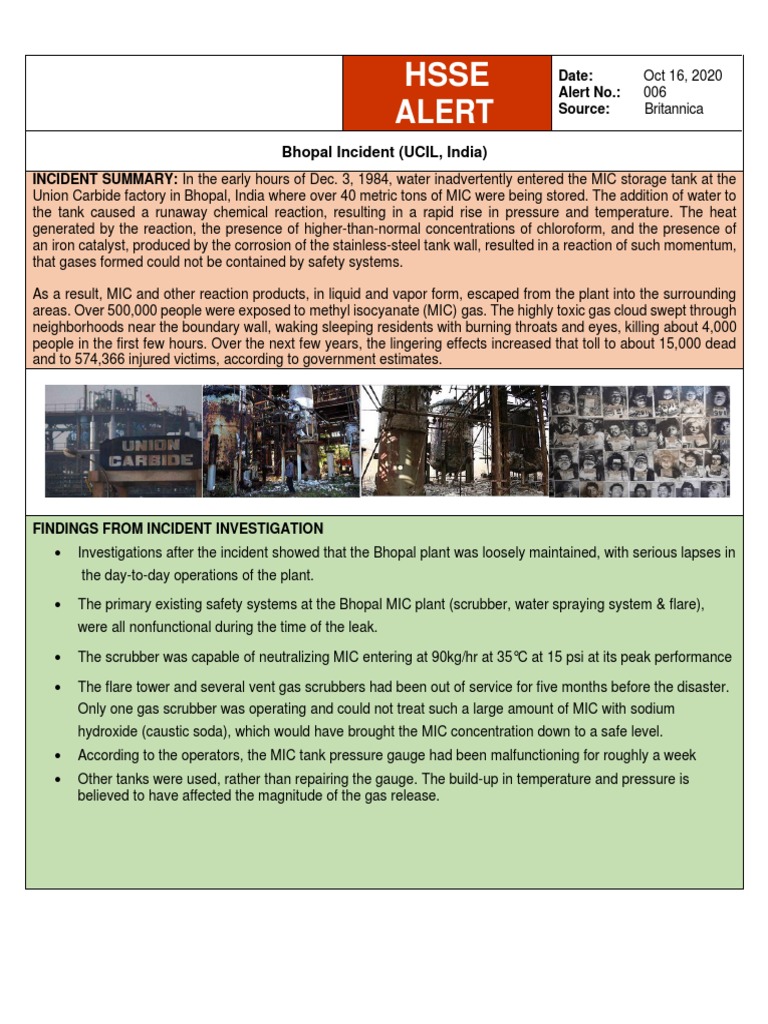 HSSE Alert - Bhopal Incident - MIC Gas Exposure - December 3rd | PDF ...