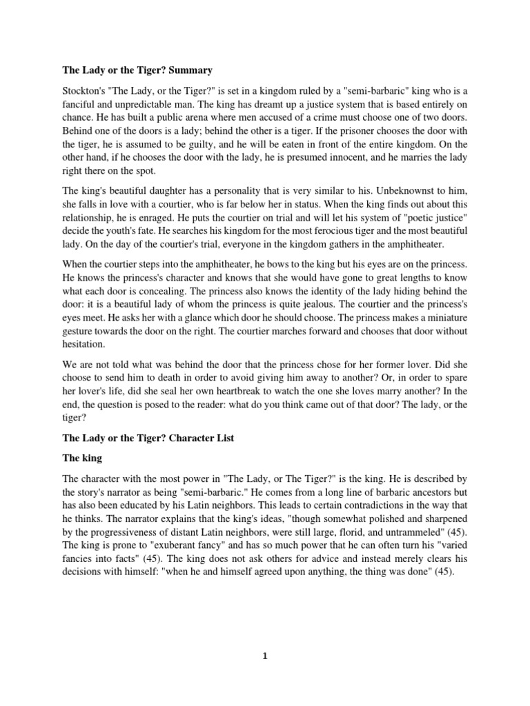 The Lady or The Tiger - Characters, Themes... | PDF | Justice | Crime ...
