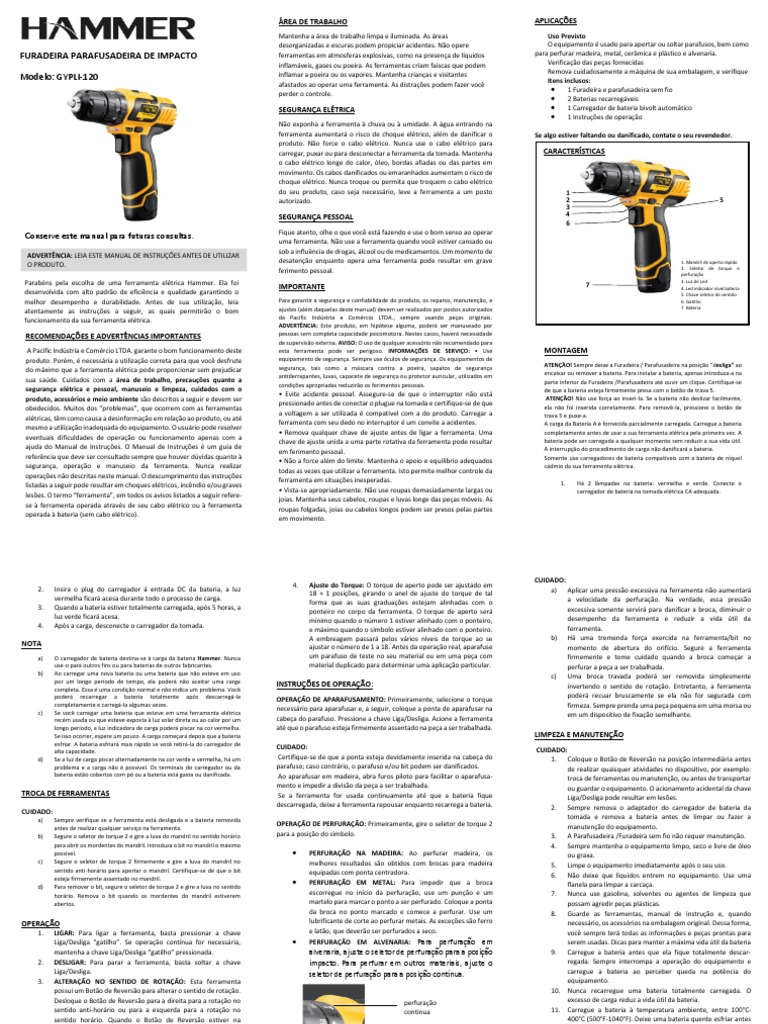 Document 90693246 User Manual Furadeira e Parafusadeira e Impacto 3 8 Pli120 12v Bivolt Hammer ...