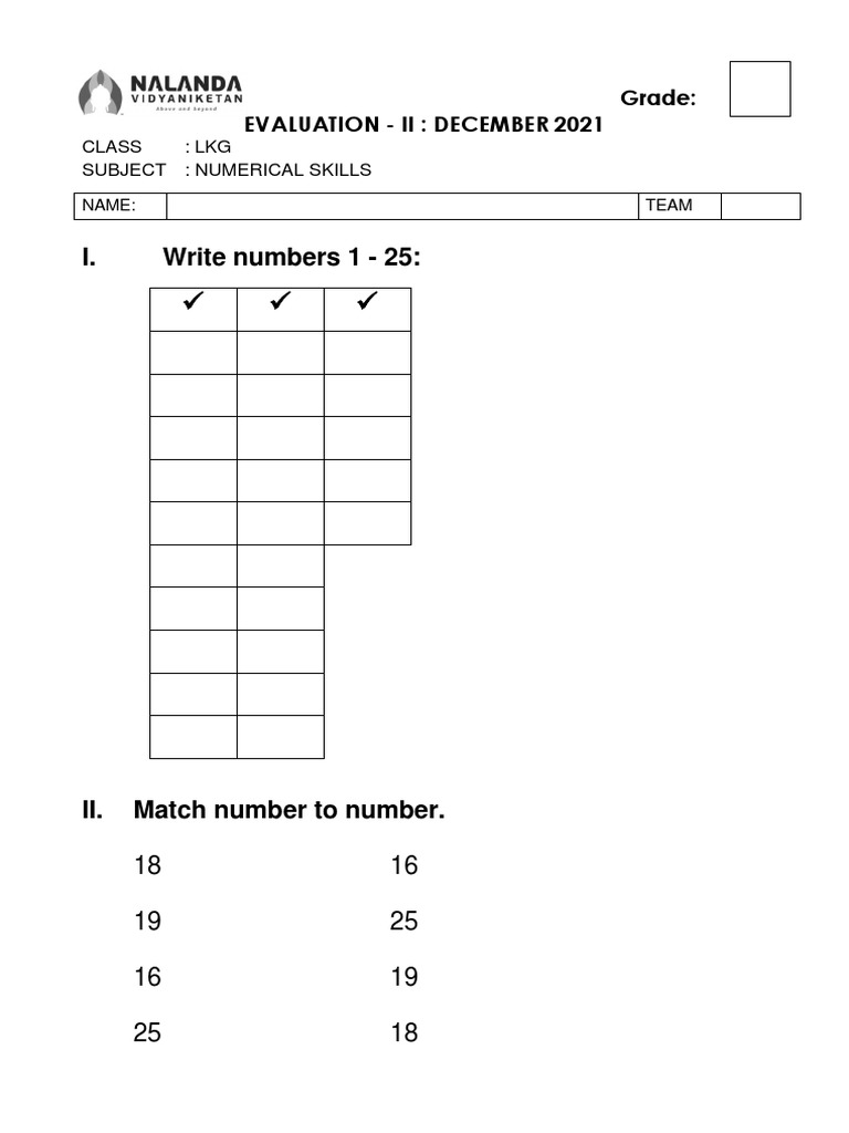 LKG - Numerical Skills Question Paper (Eva - 2) | PDF