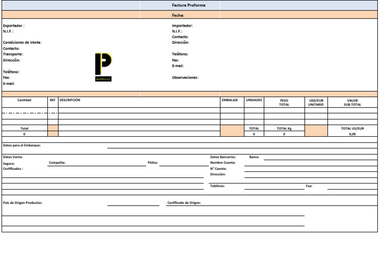 Proforma invoice for export of goods from Spain to the United States ...