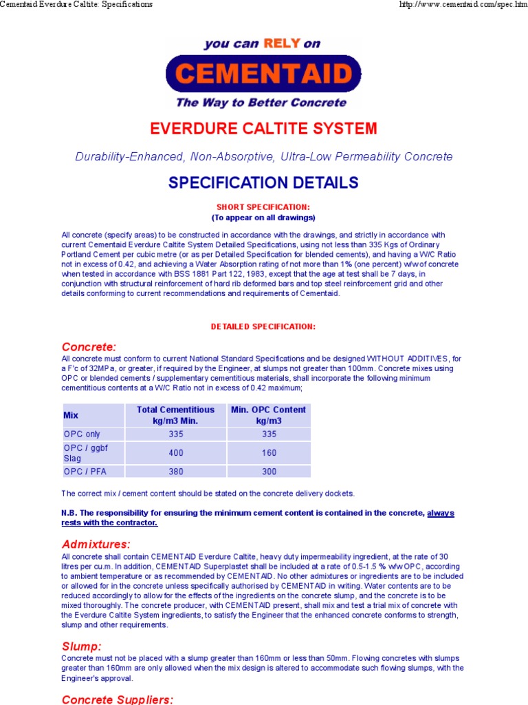 Everdure Caltite Specifications | PDF | Concrete | Building Materials