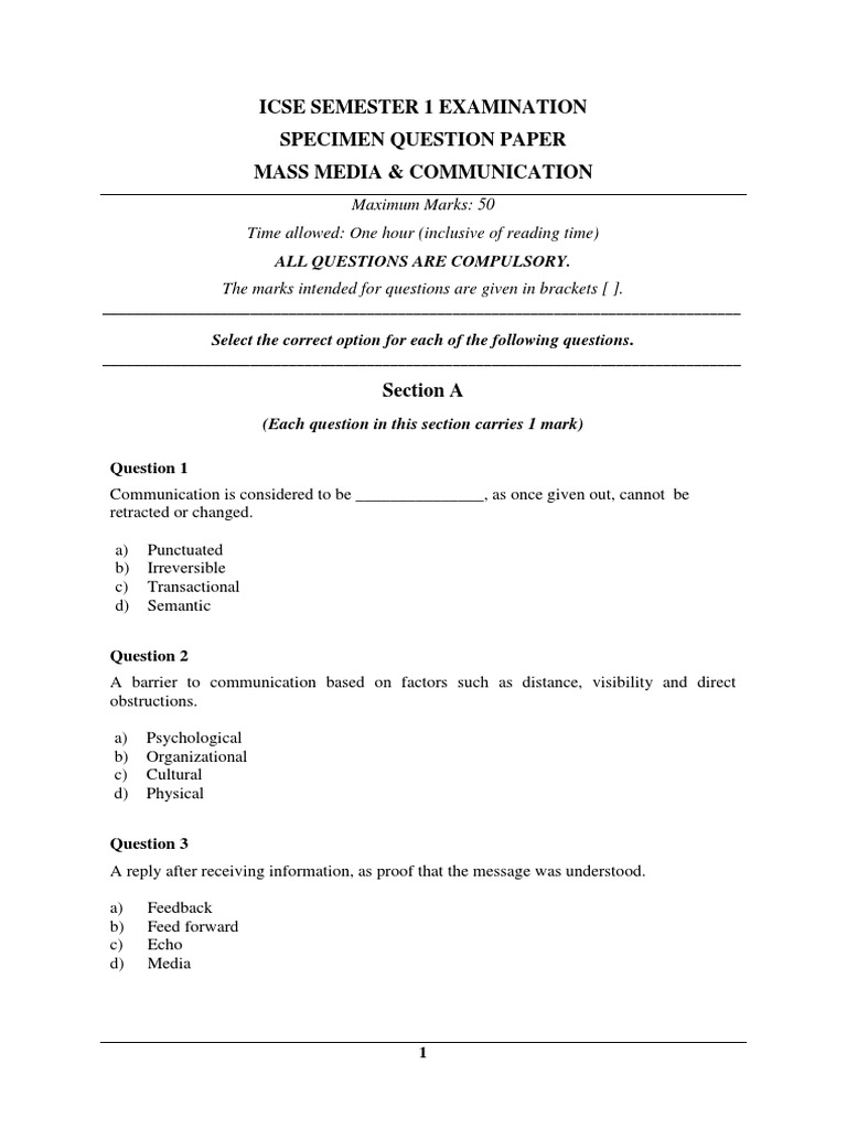 ICSE SPECIMEN QP - Mass Media | PDF | Data Compression | Communication