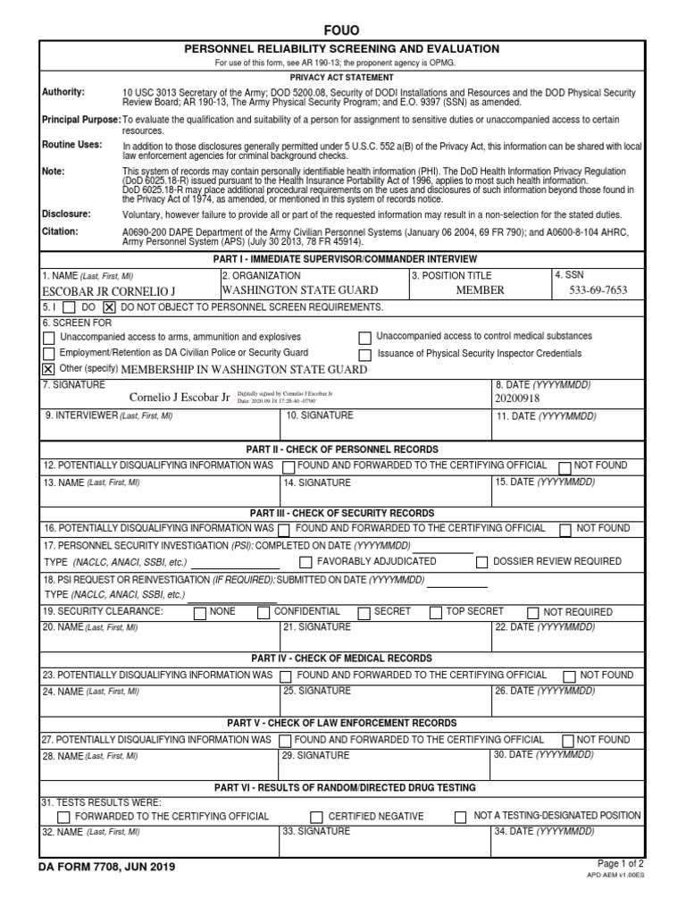 DA Form 7708 | PDF | Security Clearance | Privacy
