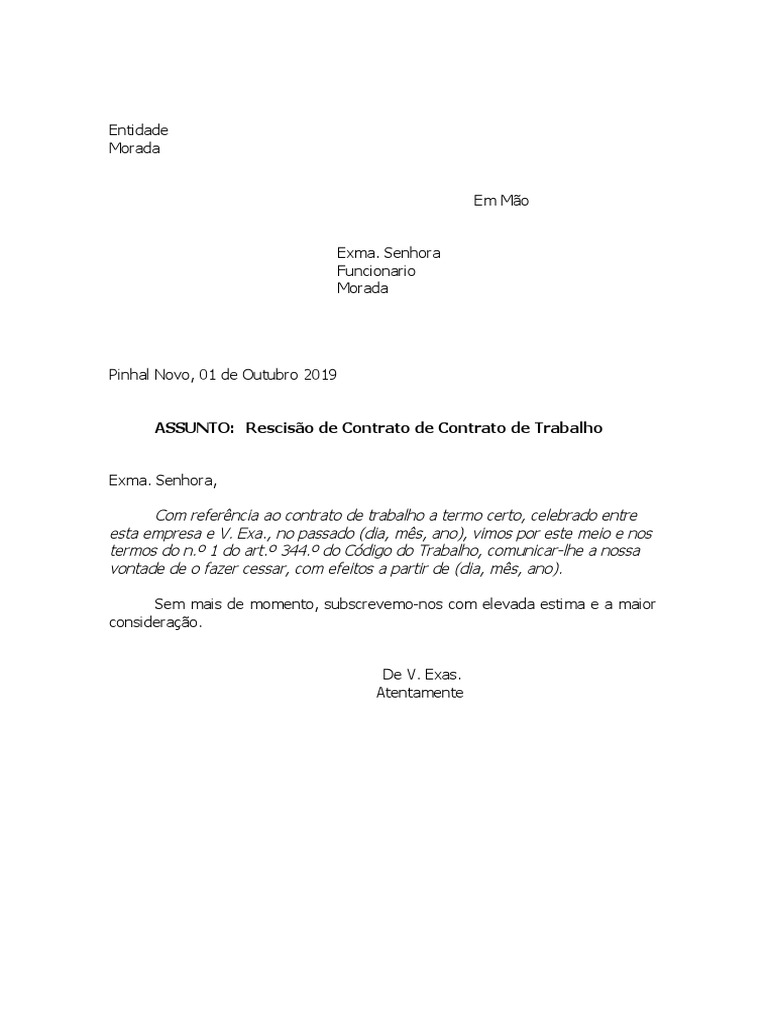 Carta De Rescisao De Contrato De Trabalho Carta De Rescisao De Contrato De Trabalho