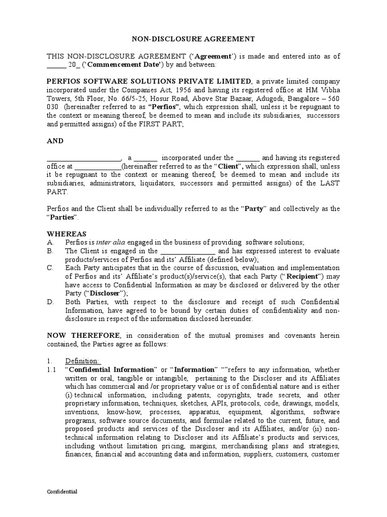Standard Mutual NDA - Perfios + Affiliate | PDF | Non Disclosure ...