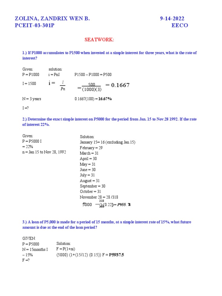 ZOLINA, ZANDRIX WEN B. - Homework & Seatwork | PDF | Interest ...