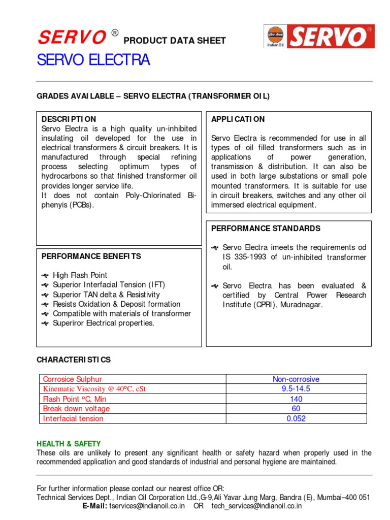 Servo Electra Transformer Oil | PDF | Transformer | Electrical Substation