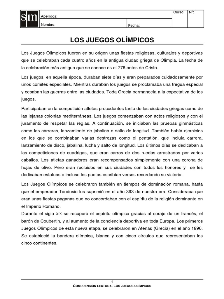 Juegos Olímpicos: Comprensión Lectora | PDF | Juegos olímpicos ...
