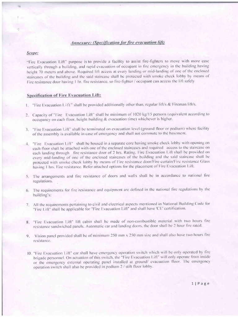 Fire Evacuation Lift Specifications | PDF | Components