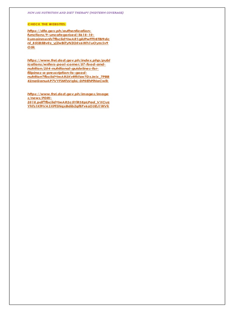 Nutrition and Diet Therapy-Reviewer | PDF | Human Nutrition | Foods