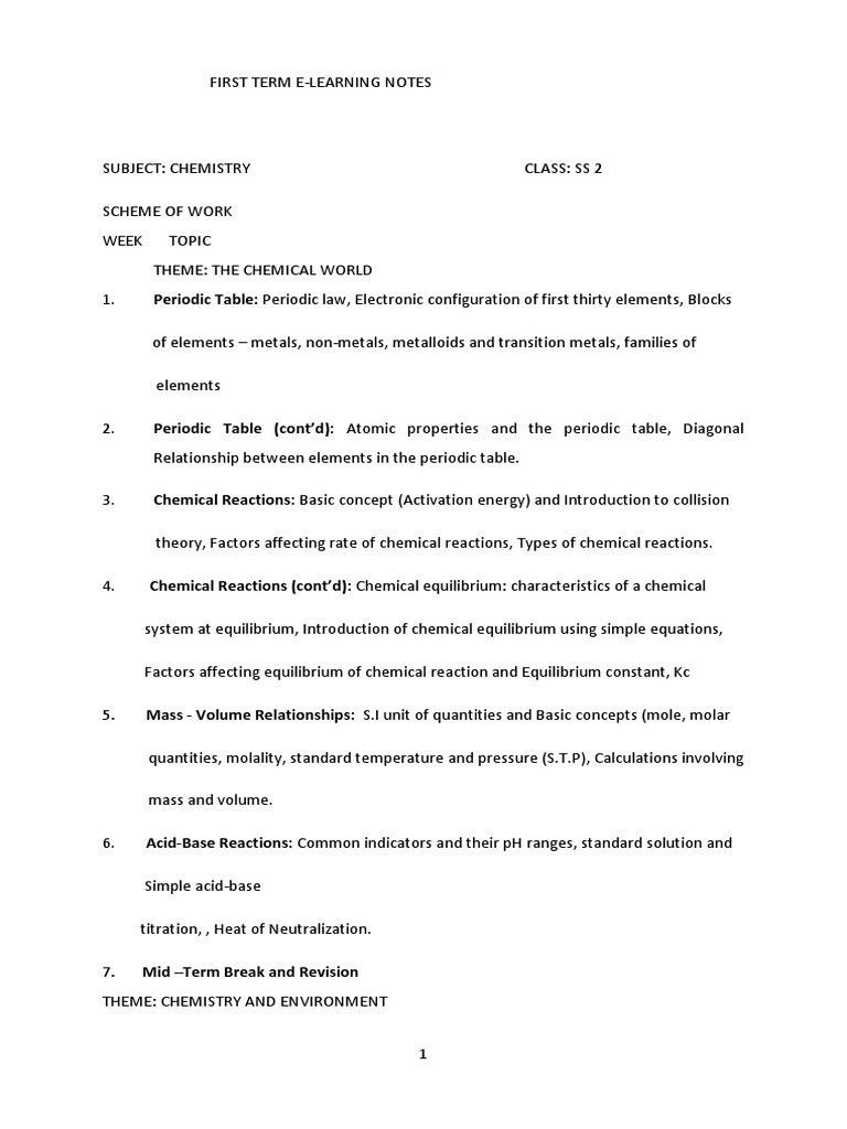 SS2 Chemistry 1st Term Lesson Note PDF | PDF | Reaction Rate | Ion