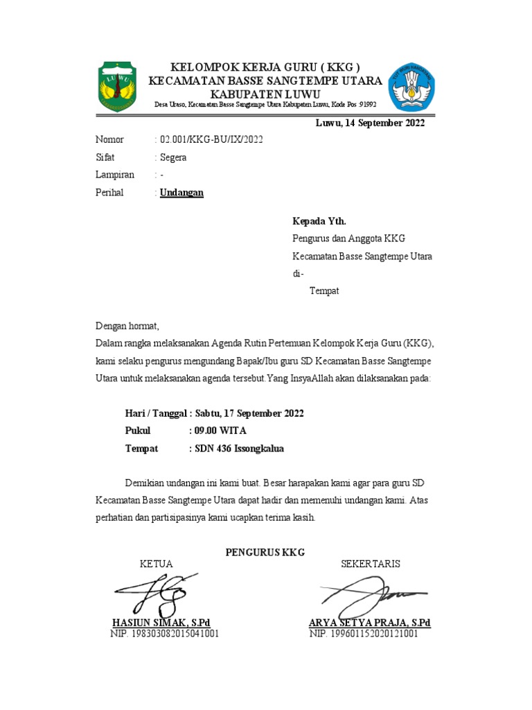 Surat Undangan Pertemuan KKG | PDF