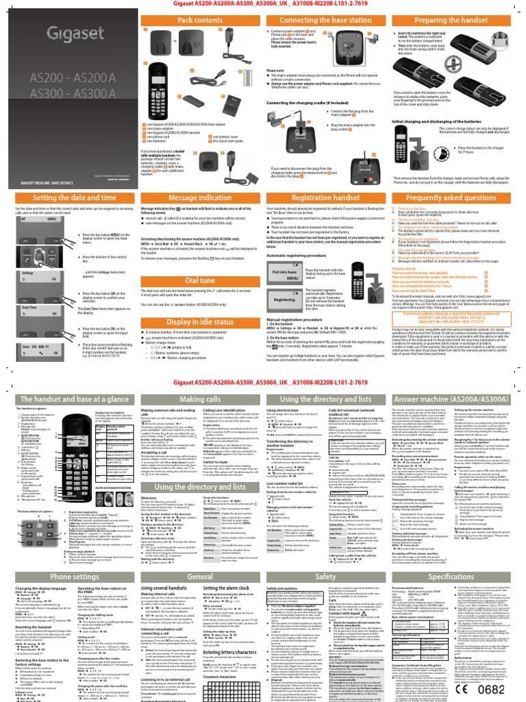 AS200 - AS200A AS300 - AS300A: Quick Start Guide | PDF | Telephone | Battery Charger