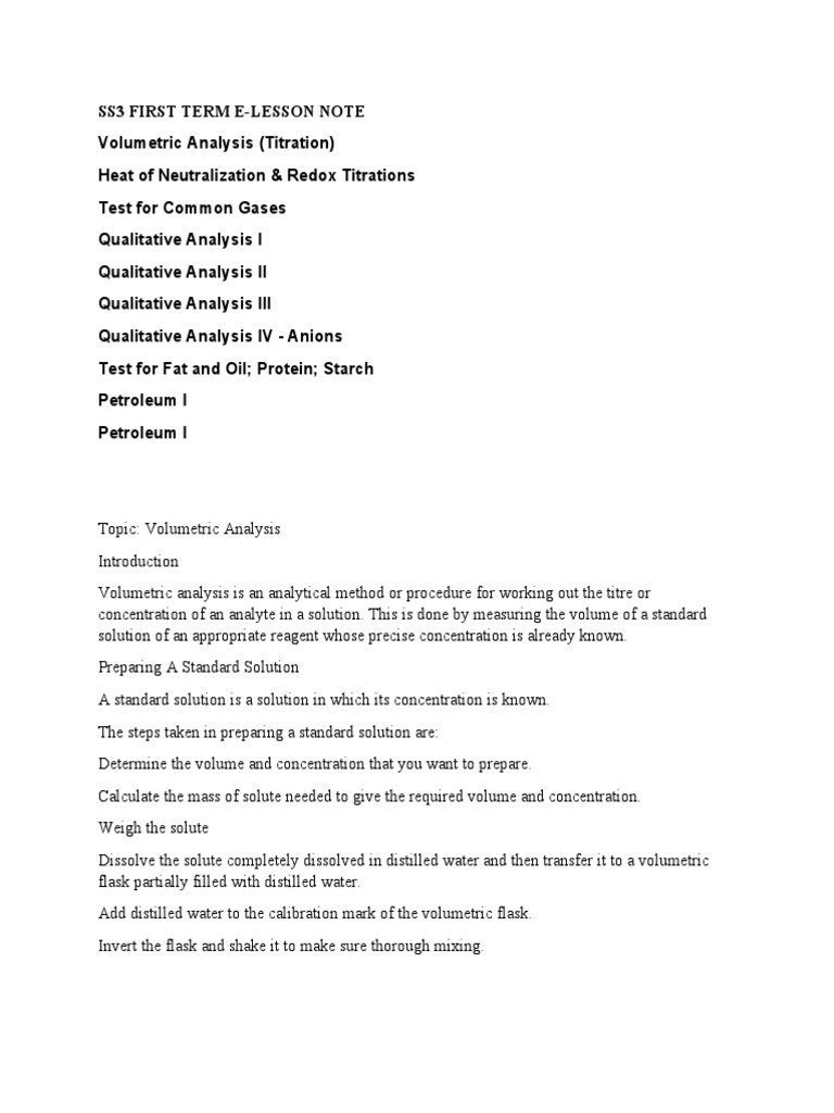SS3 First Term Chemistry e Note | Download Free PDF | Chemistry | Titration