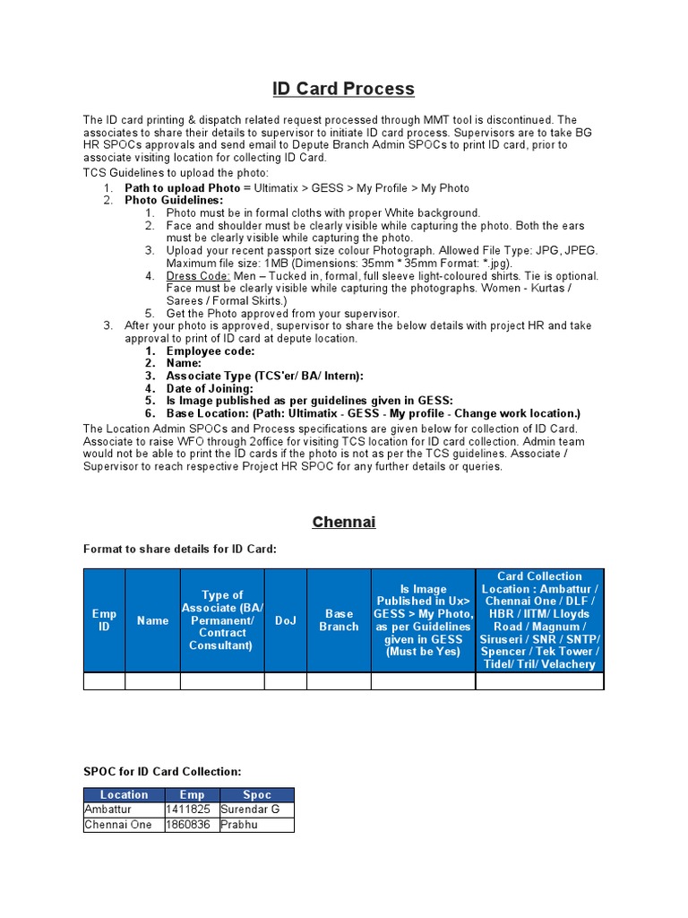 ID Card Issuance Process - India (With SPOCs Branch Address) | PDF ...
