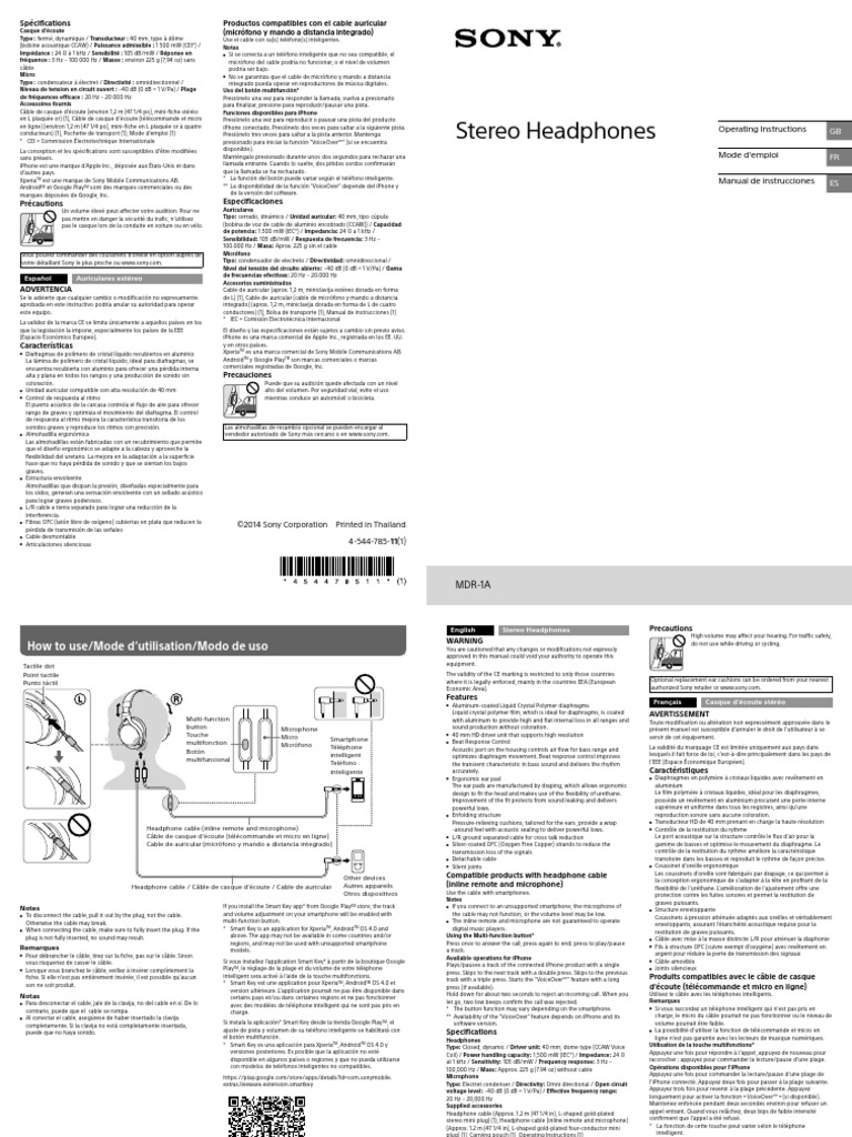 Stereo Headphones: Spécifications Productos Compatibles Con El Cable ...