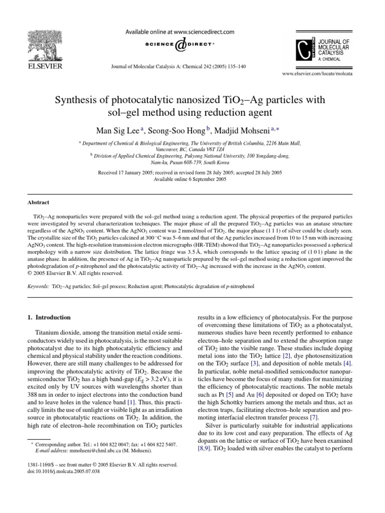 Synthesis of Photocatalytic Nanosized TiO2-Ag Particles With Sol-Gel Method Using Reduction ...