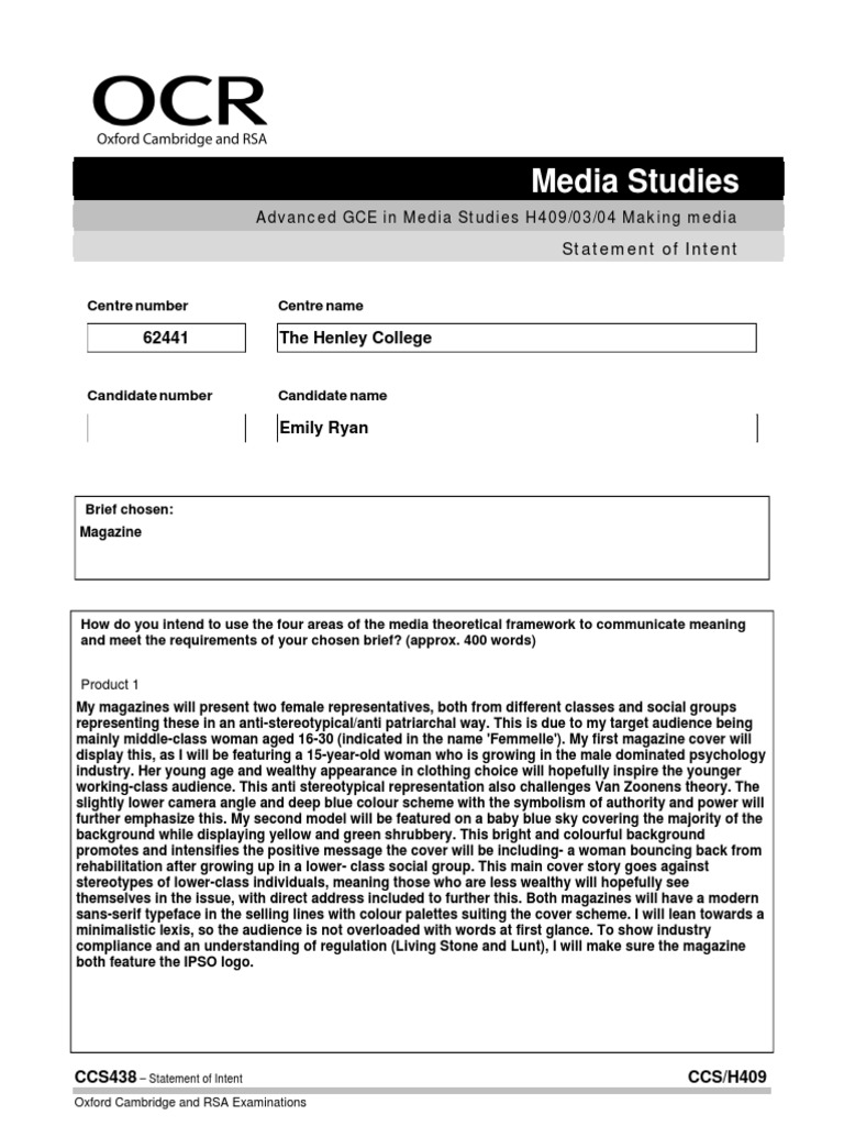 A Level Media Studies Statement-Of-Intent Form Actual | PDF