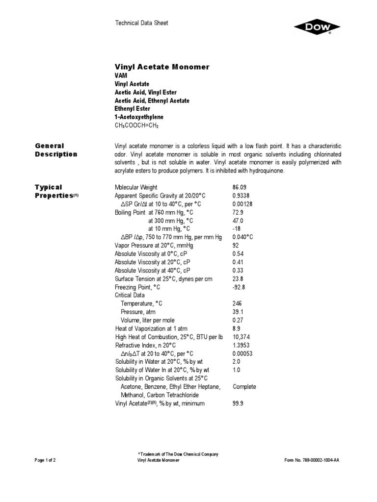 Vam Tech Sheet Dow | PDF | Acetic Acid | Polyvinyl Chloride