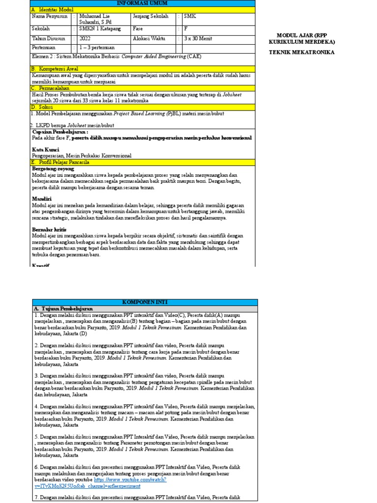 Modul Ajar (Pengoperasian Mesin Perkakas Konvensional) Daring | PDF