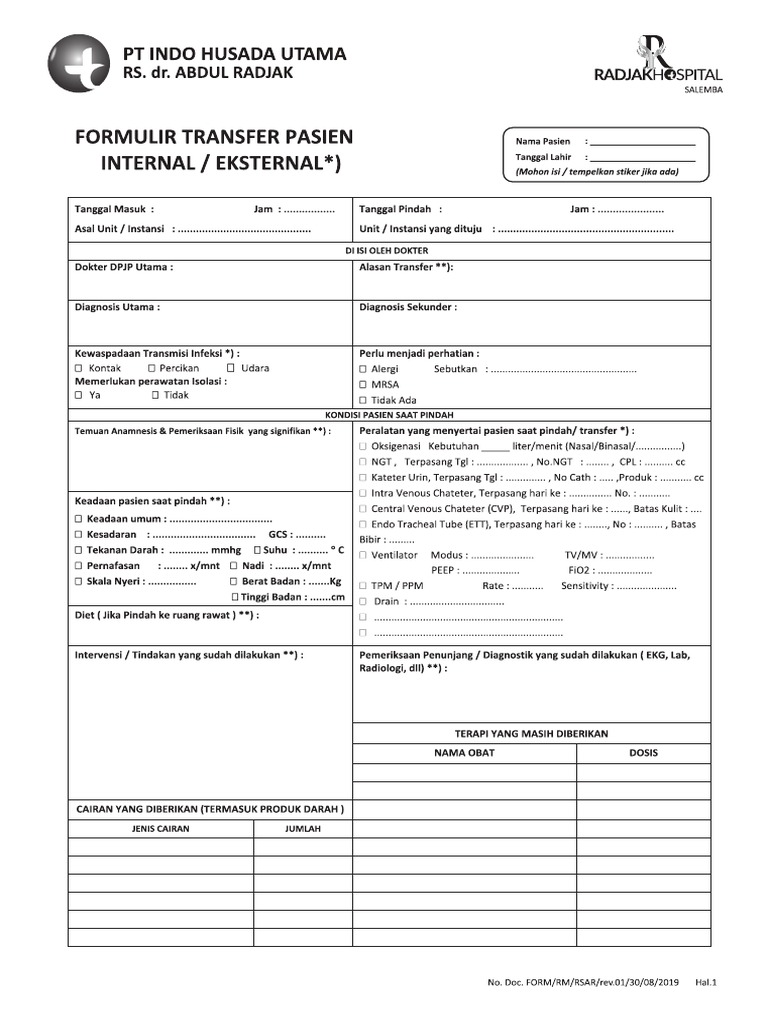 Formulir Transfer Pasien Internal-Eksternal Feb20 | PDF