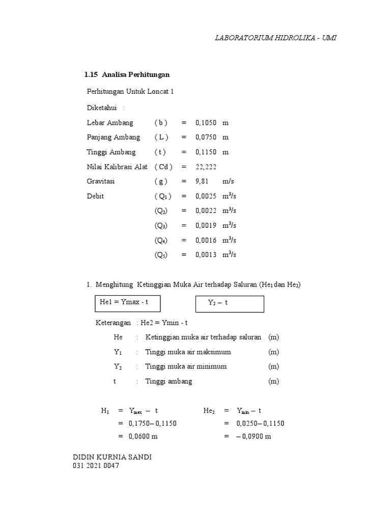 1.15 Analisa Perhitungan: Laboratorium Hidrolika - Umi | PDF