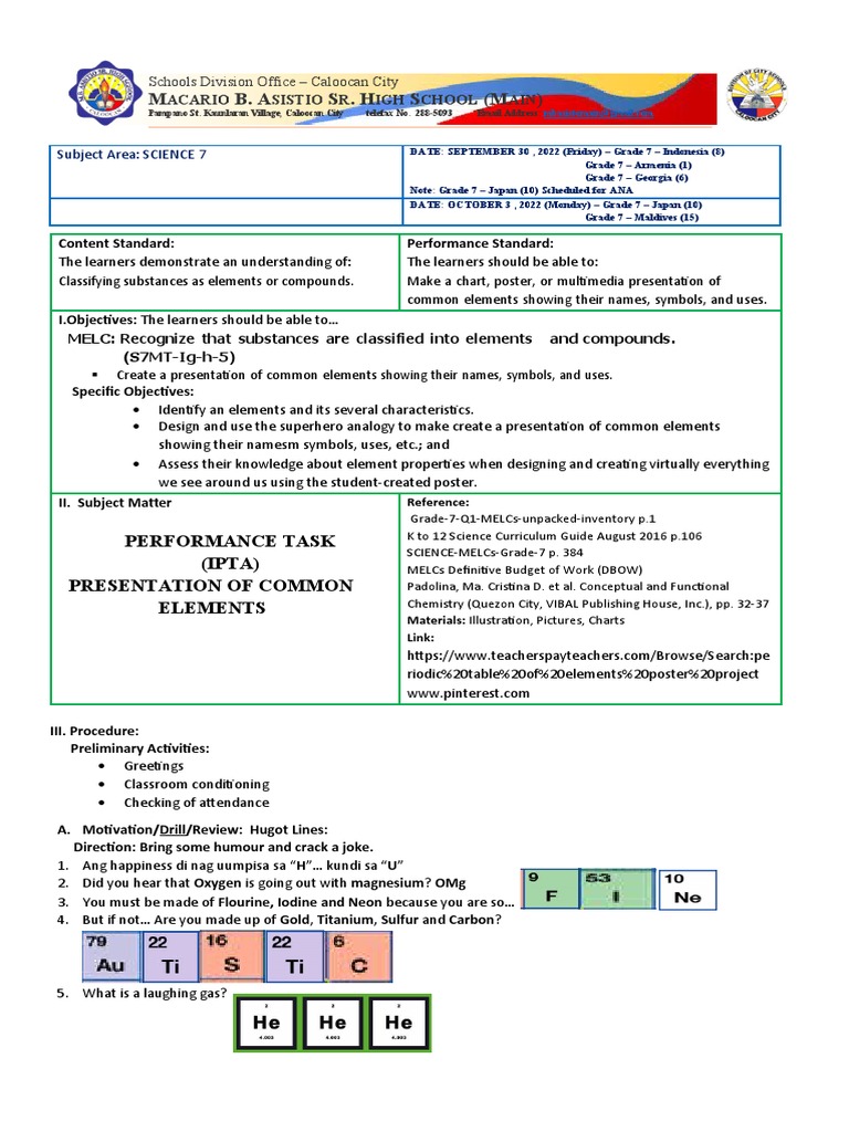 September 30-October 3, 2022 - Performance Task | PDF | Chemical ...