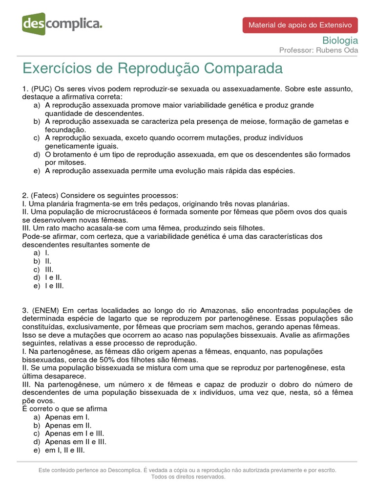 Materialdeapoioextensivo Biologia Exercicios Reproducao Comparada | PDF ...