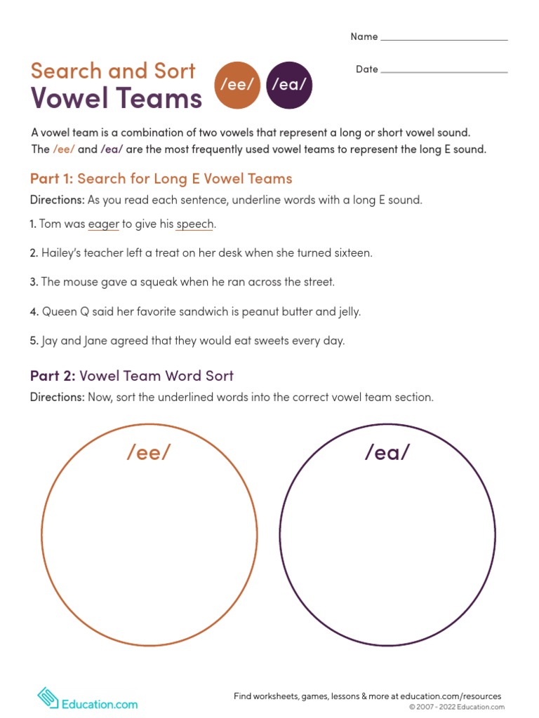 Search and Sort Vowel Teams Ee and Ea | PDF