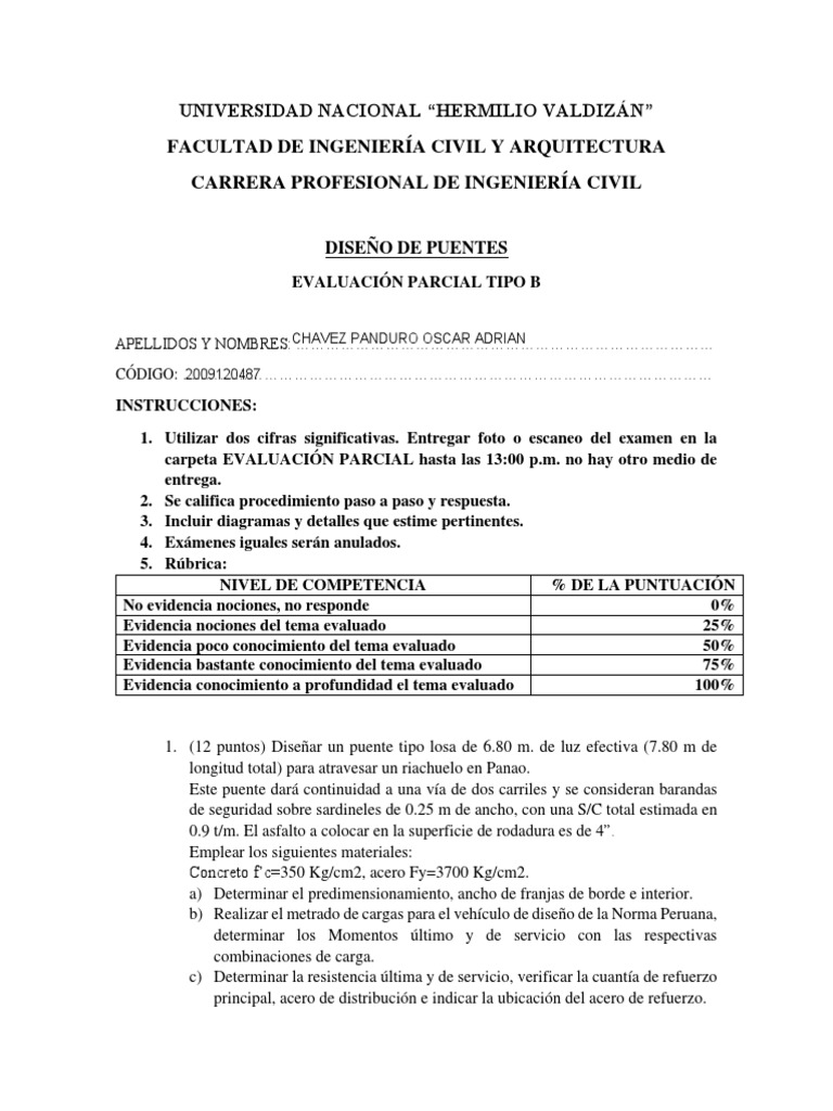 Examen Parcial - Diseño de Puentes - Oscar Adrian Chavez Panduro - Tipo ...