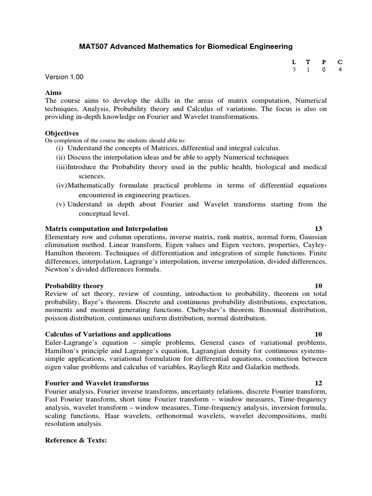 Mat507 Advanced Mathematics For Biomedical Engineering TH 1.00 Ac18 ...