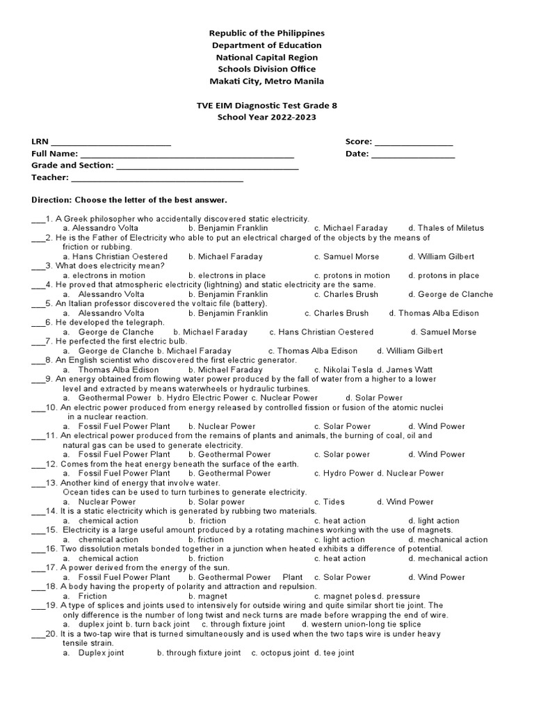 Grade 8 Diagnostic Test 2022-2023 | PDF | Electricity | Voltage