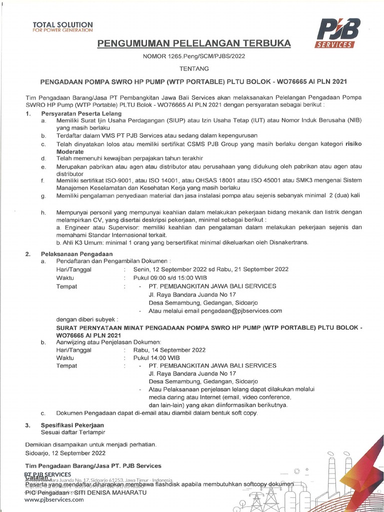 Pengumuman Pengadaan Pompa Swro HP Pump WTP Portable Pltu Bolok Wo76665 ...