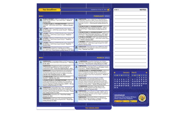 Feb 2022-Bir-Tax-Calendar | PDF | Taxes | Fiscal Year