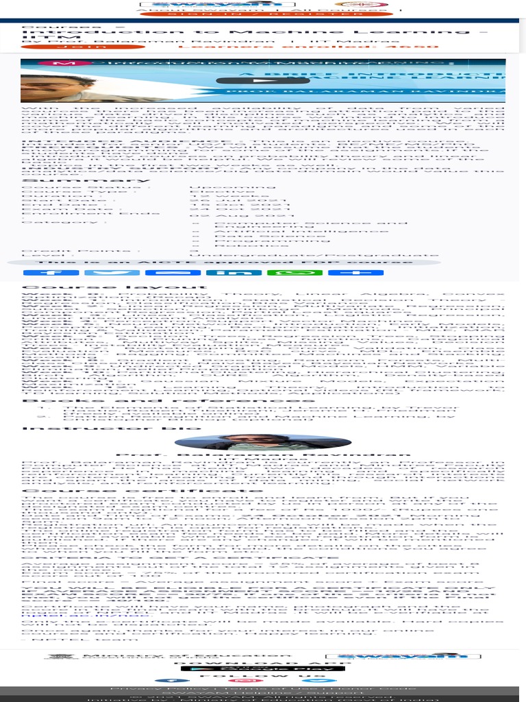 Introduction To Machine Learning - IITM - Course | PDF | Regression Analysis | Machine Learning
