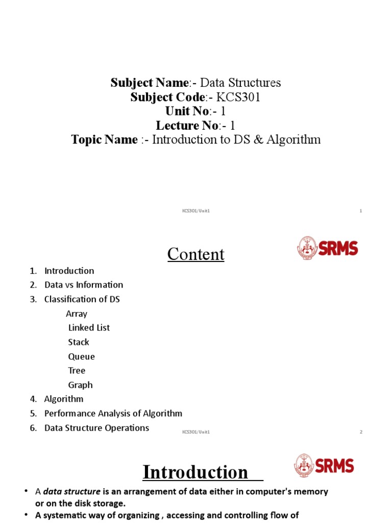 Kcs301 Unit1 Lec1 Pdf Data Type Array Data Structure