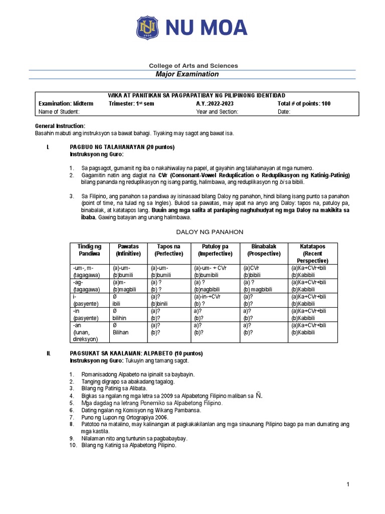 Midterm Exam Wika at Panitikan | PDF